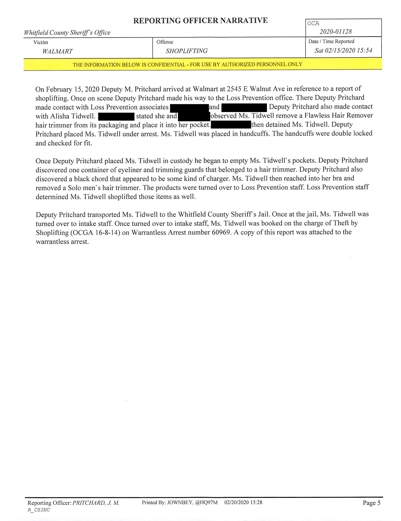 Alisha Tedwell Shoplifting Incident Report | Whitfield County