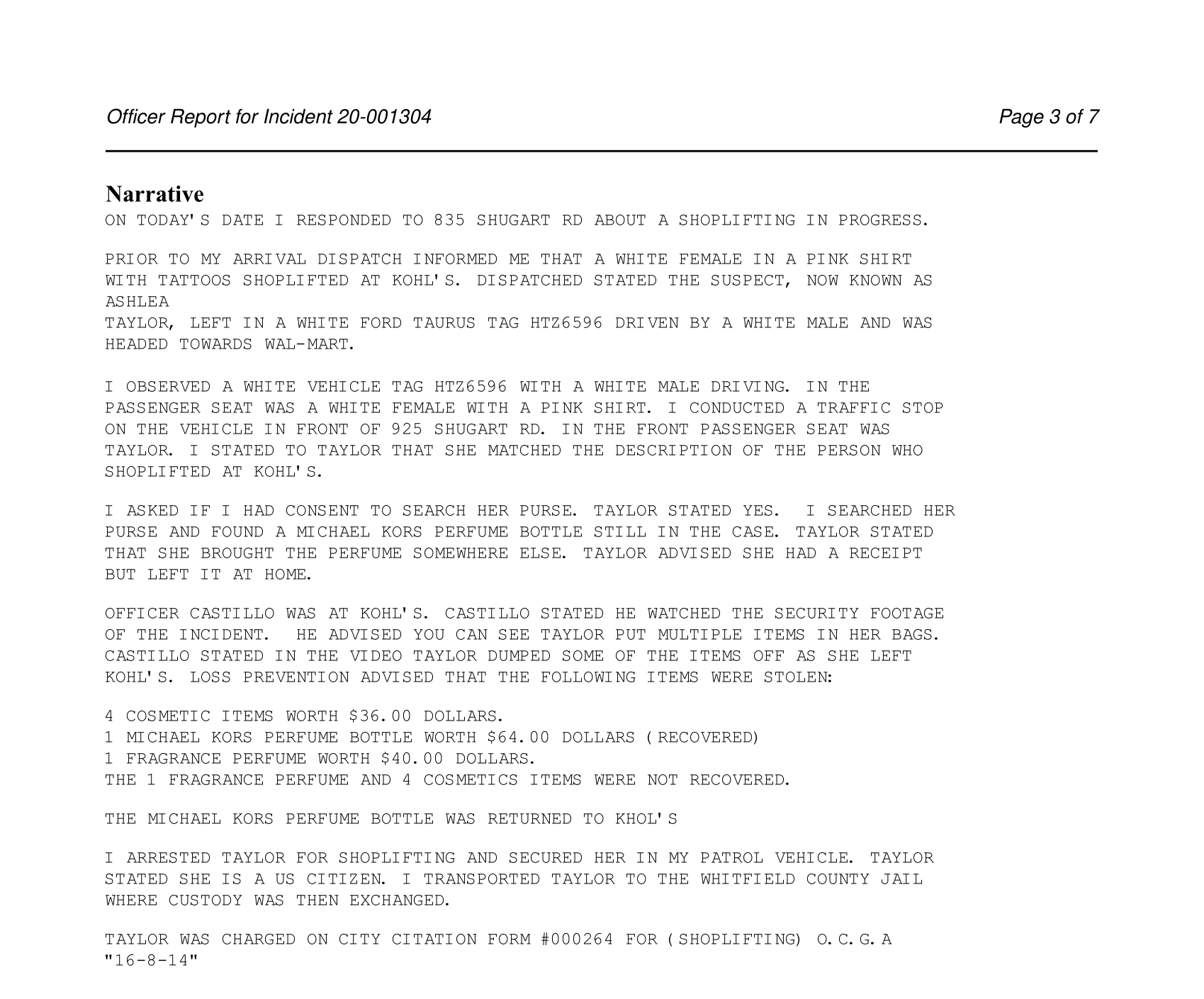 Ashlea Taylor Shoplifting Incident Report — Whitfield County Jail Bookings