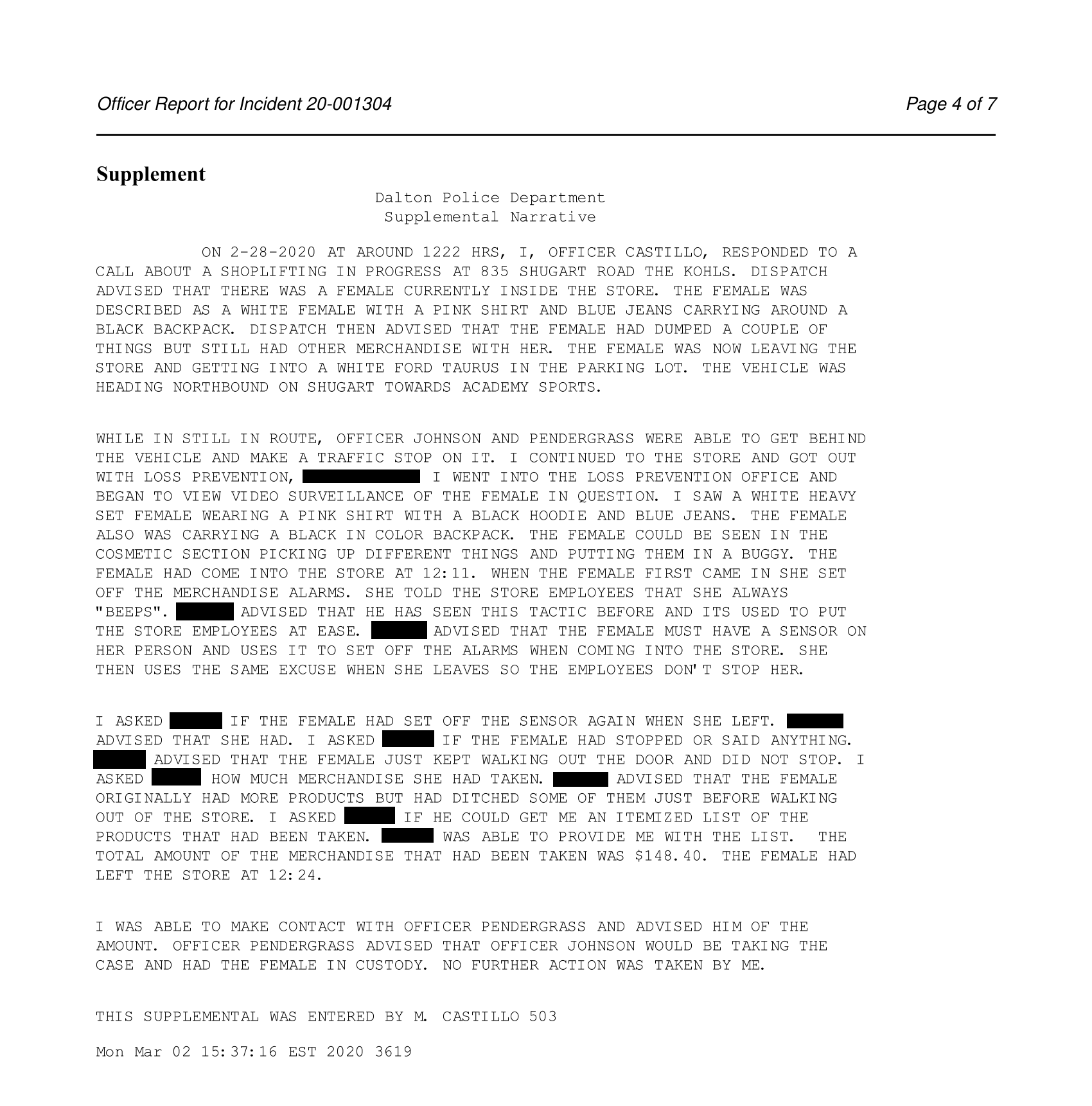 Ashlea Taylor Shoplifting Incident Report — Whitfield County Jail Bookings