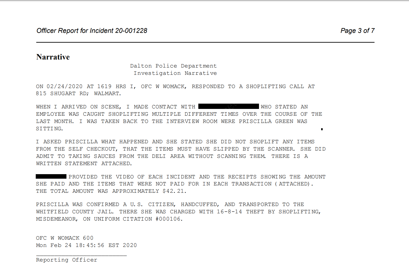 Priscilla Green Shoplifting Incident Report — Whitfield County Jail ...