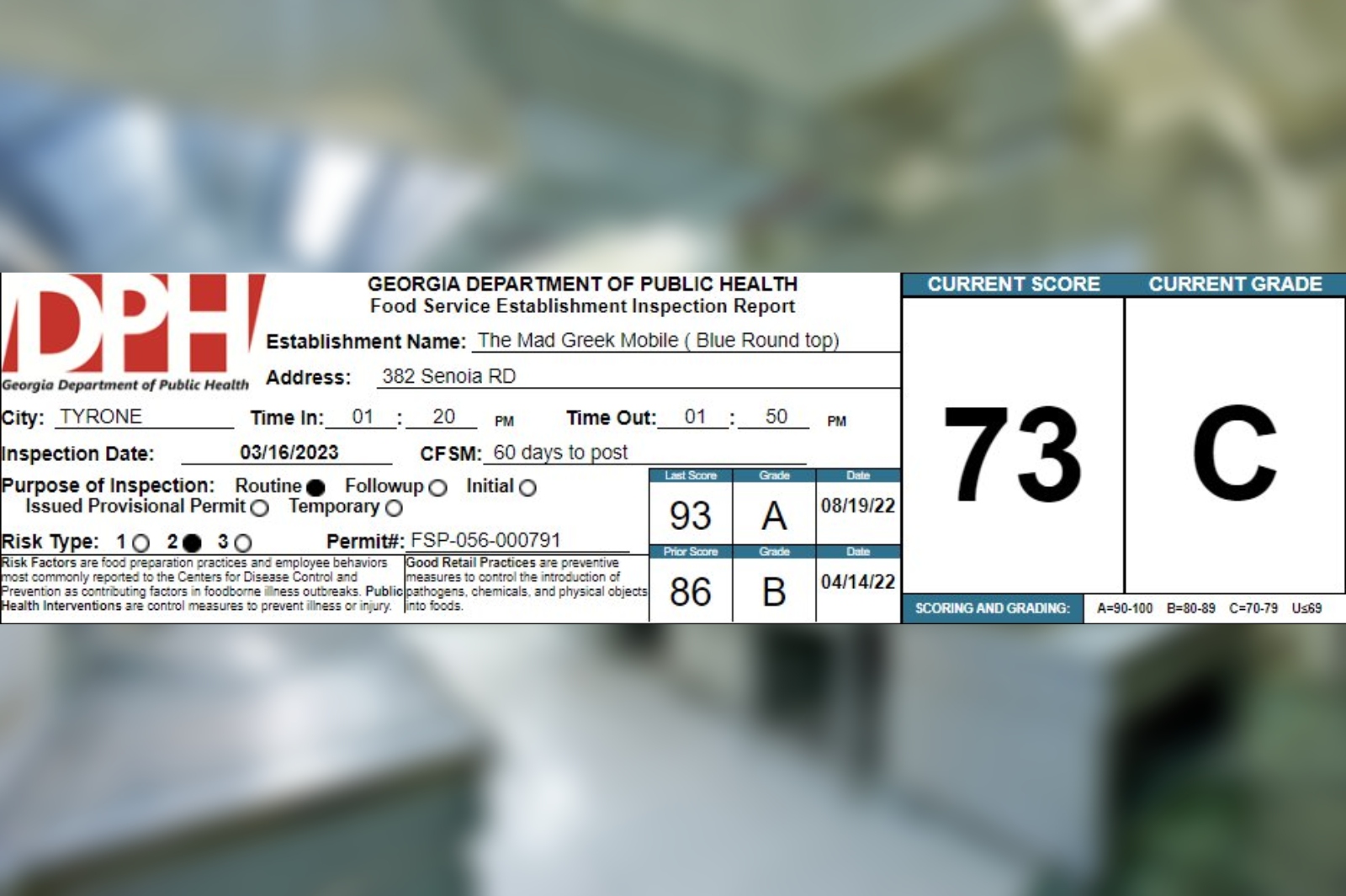 The Mad Greek In Tyrone Receives A 73 On Their Recent Health the-mad-greek-in-tyrone-receives-a-73-on-their-recent-health