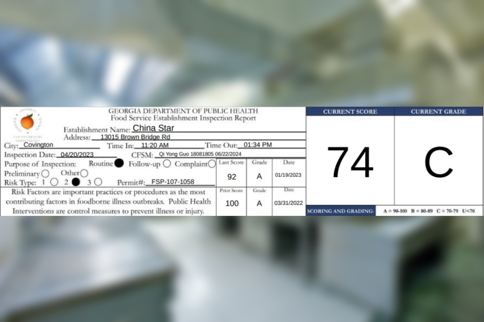 China Star in Covington receives a 74% on their recent health ...