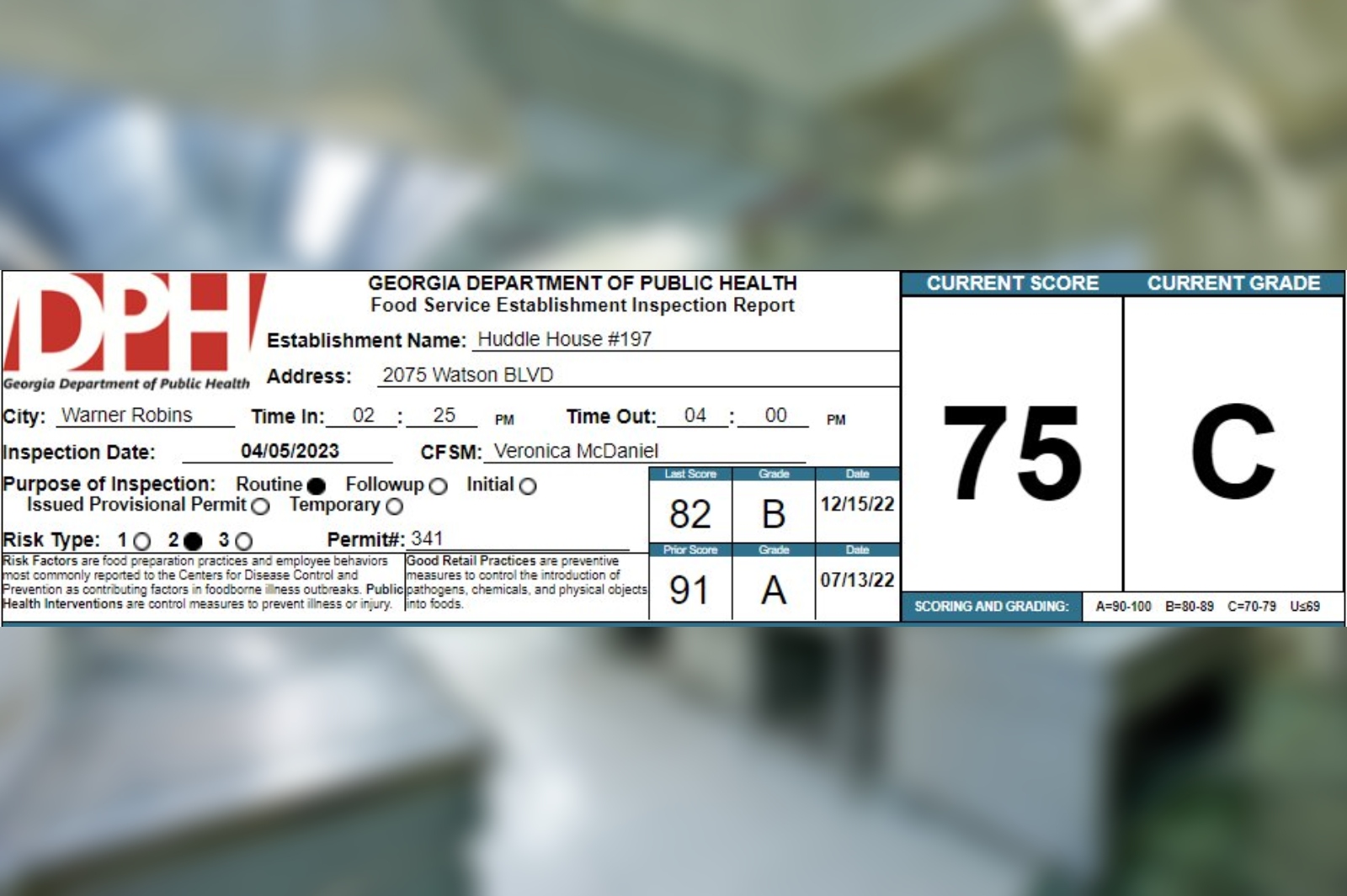 Huddle House in Warner Robins receives a 75% on their recent health ...