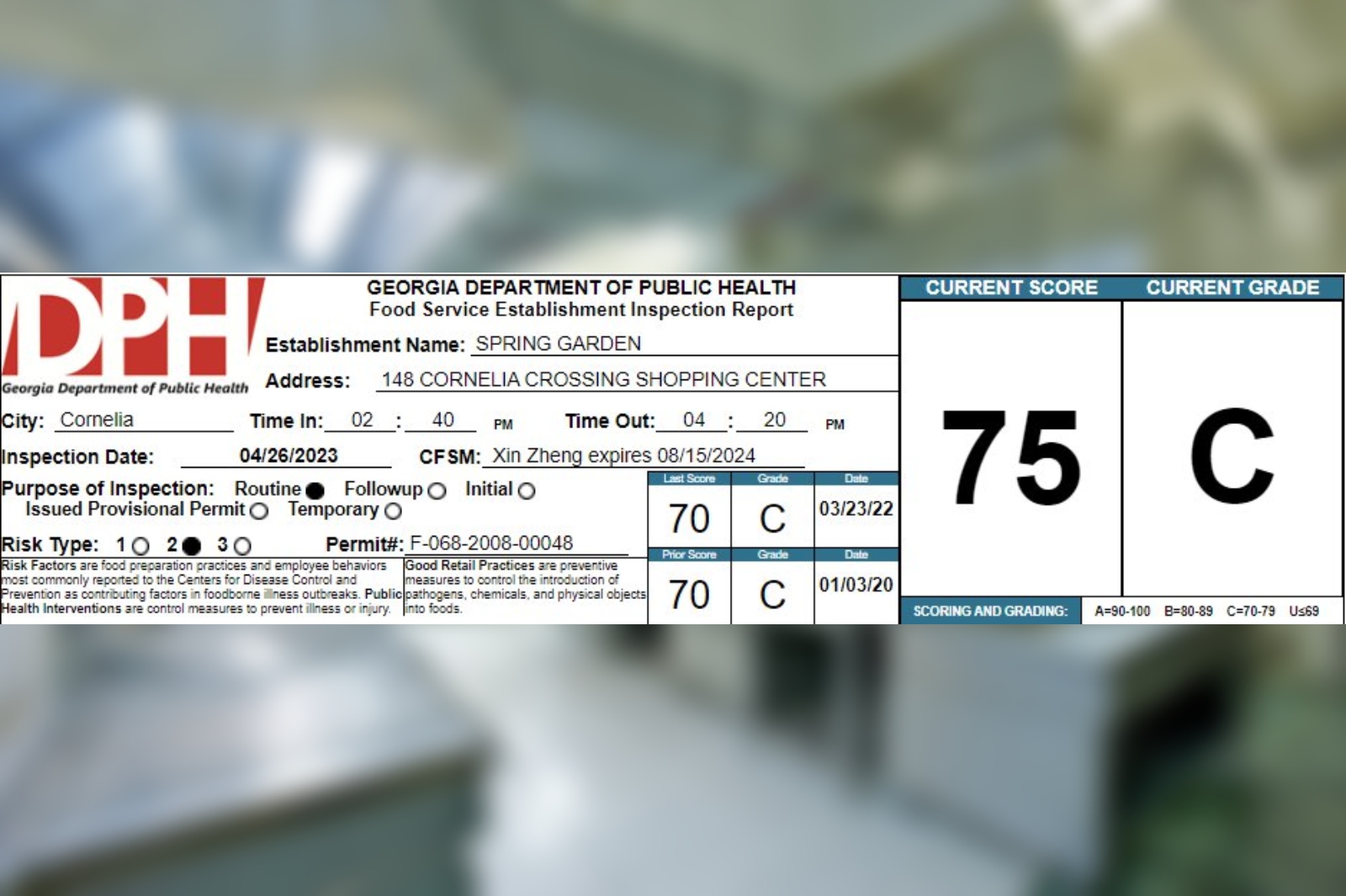 Spring Garden in Cornelia receives a 75% on their recent health ...