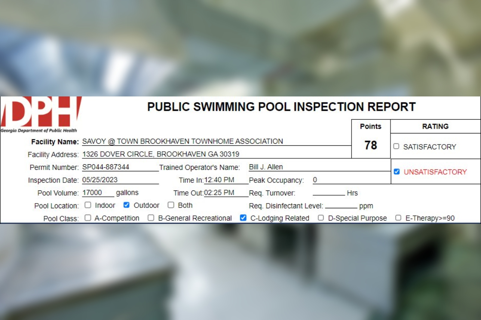 Savoy in Brookhaven receives a 78% on their recent pool inspection ...