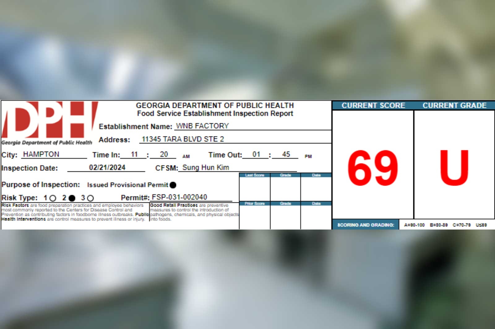 WNB Factory in Hampton receives a 69% on their recent health inspection ...