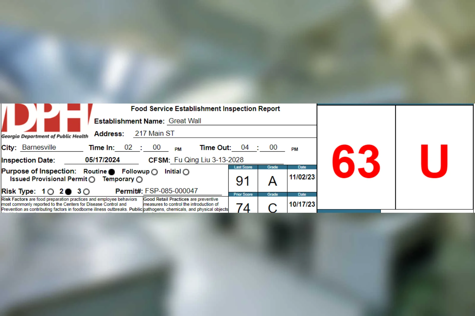 Great Wall in Barnesville receives a 63% on their recent health ...