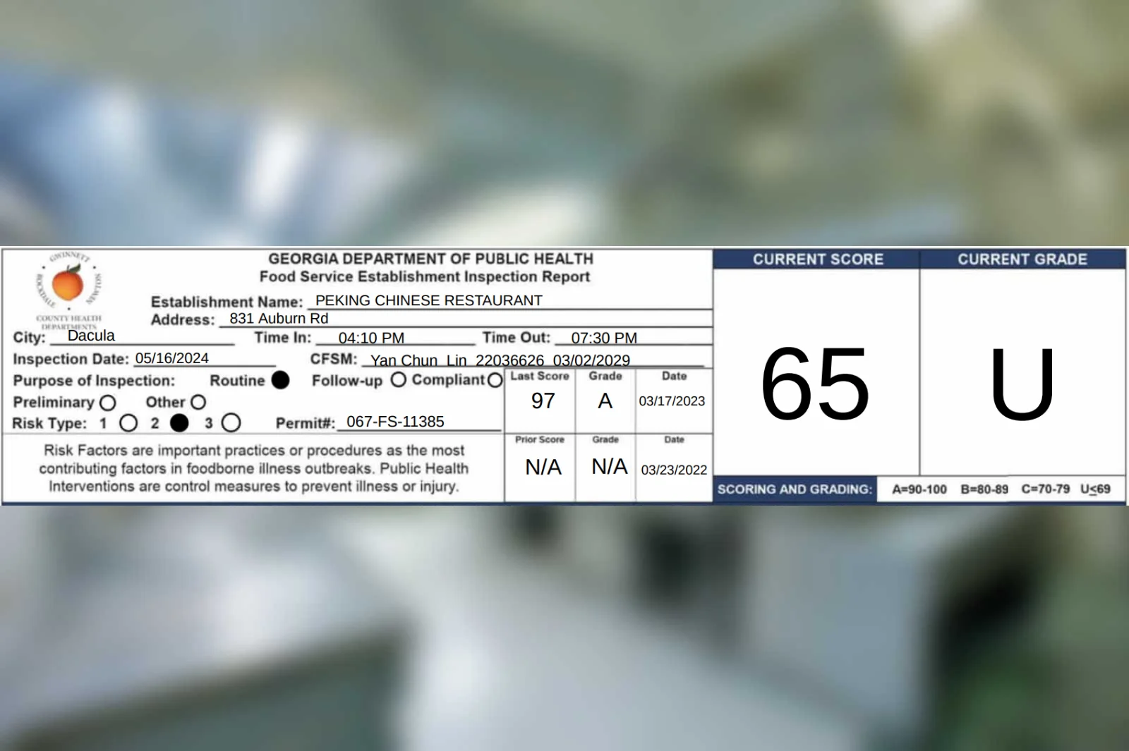 Peking Chinese Restaurant in Dacula receives a 65% on their recent ...