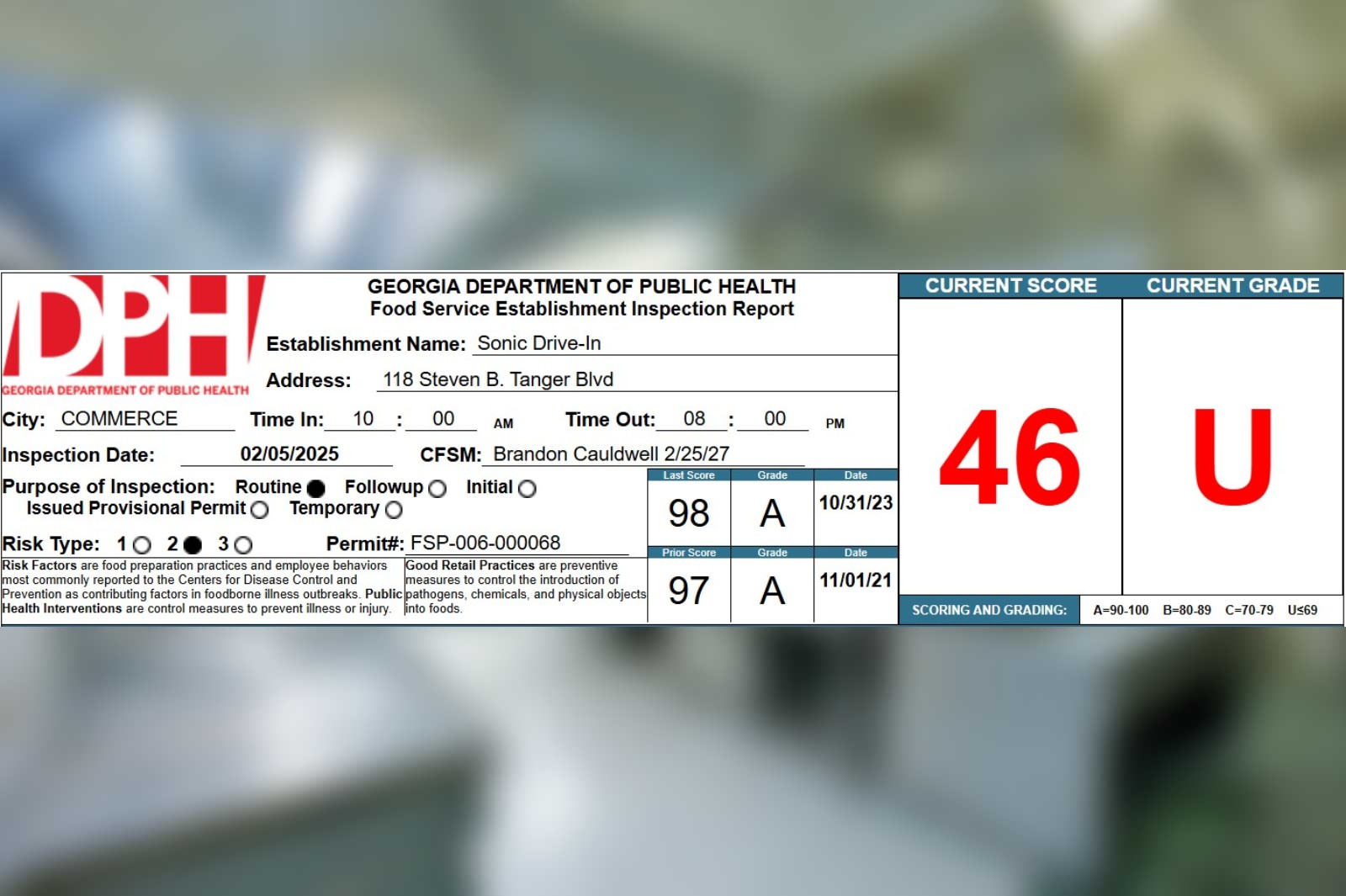 Sonic Drive-In in Commerce receives a 46% on their recent health ...
