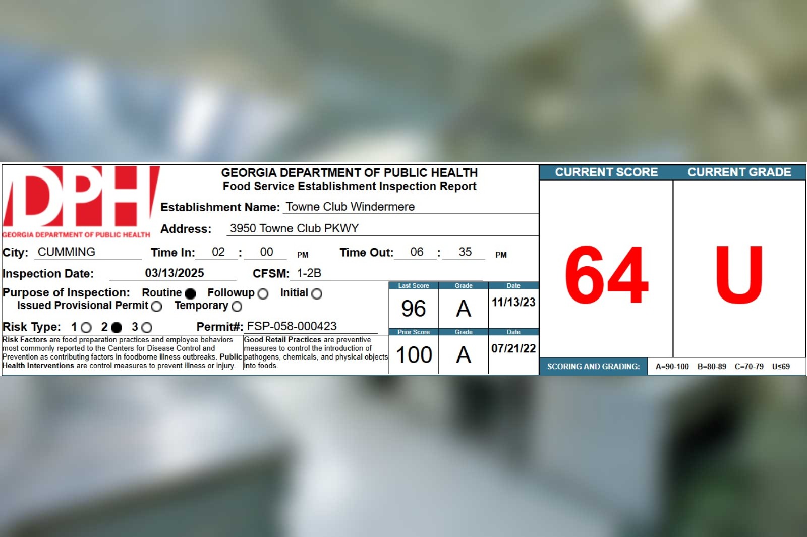 Towne Club Windermere in Cumming receives a 64% on their recent health ...