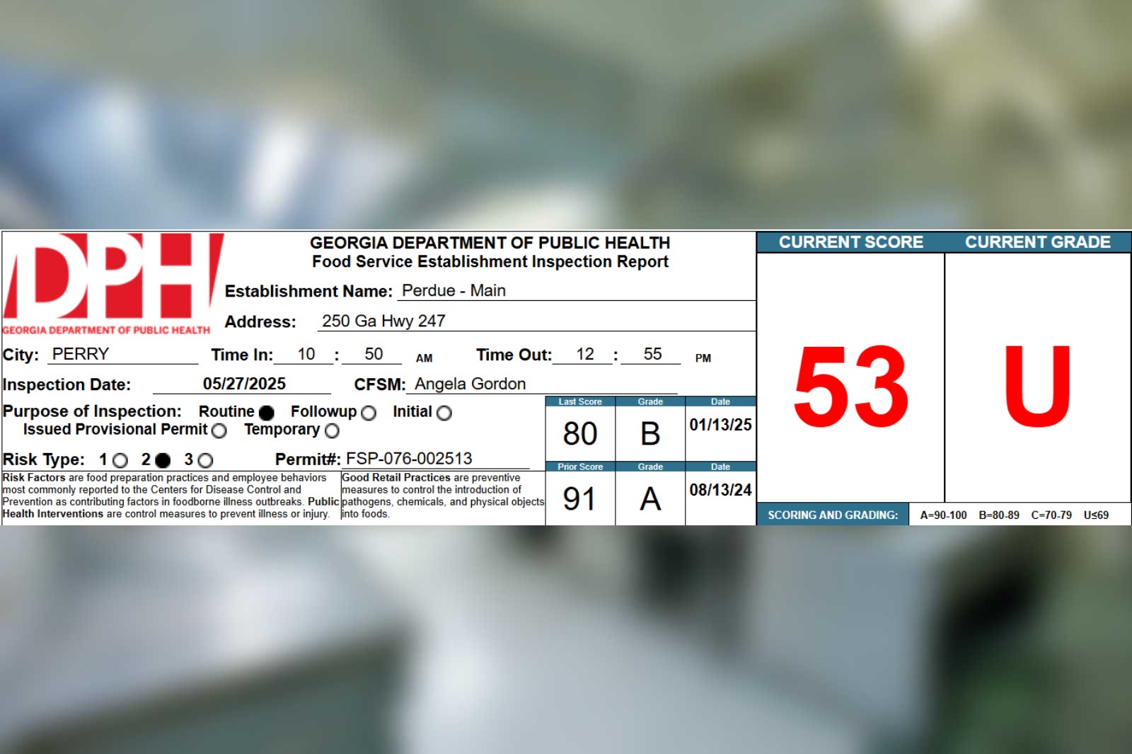 Perdue-Main in Perry receives a 53% on their recent health inspection ...