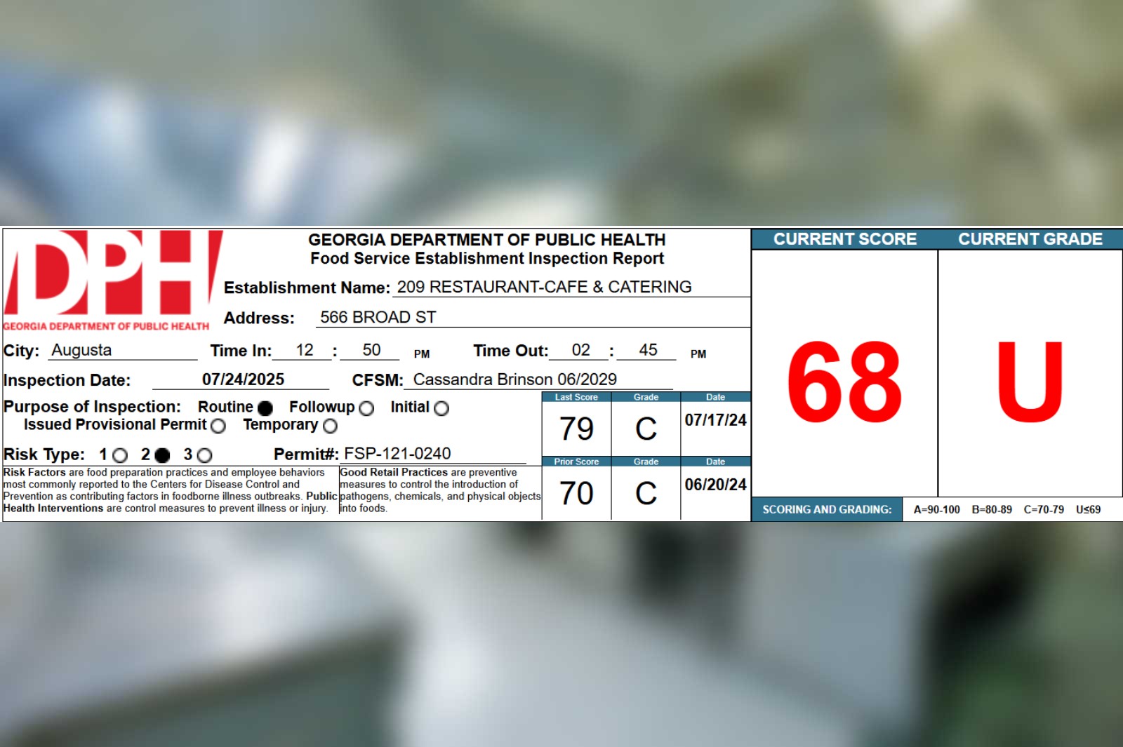 209 Restaurant-Cafe & Catering in Augusta receives a 68% on their ...