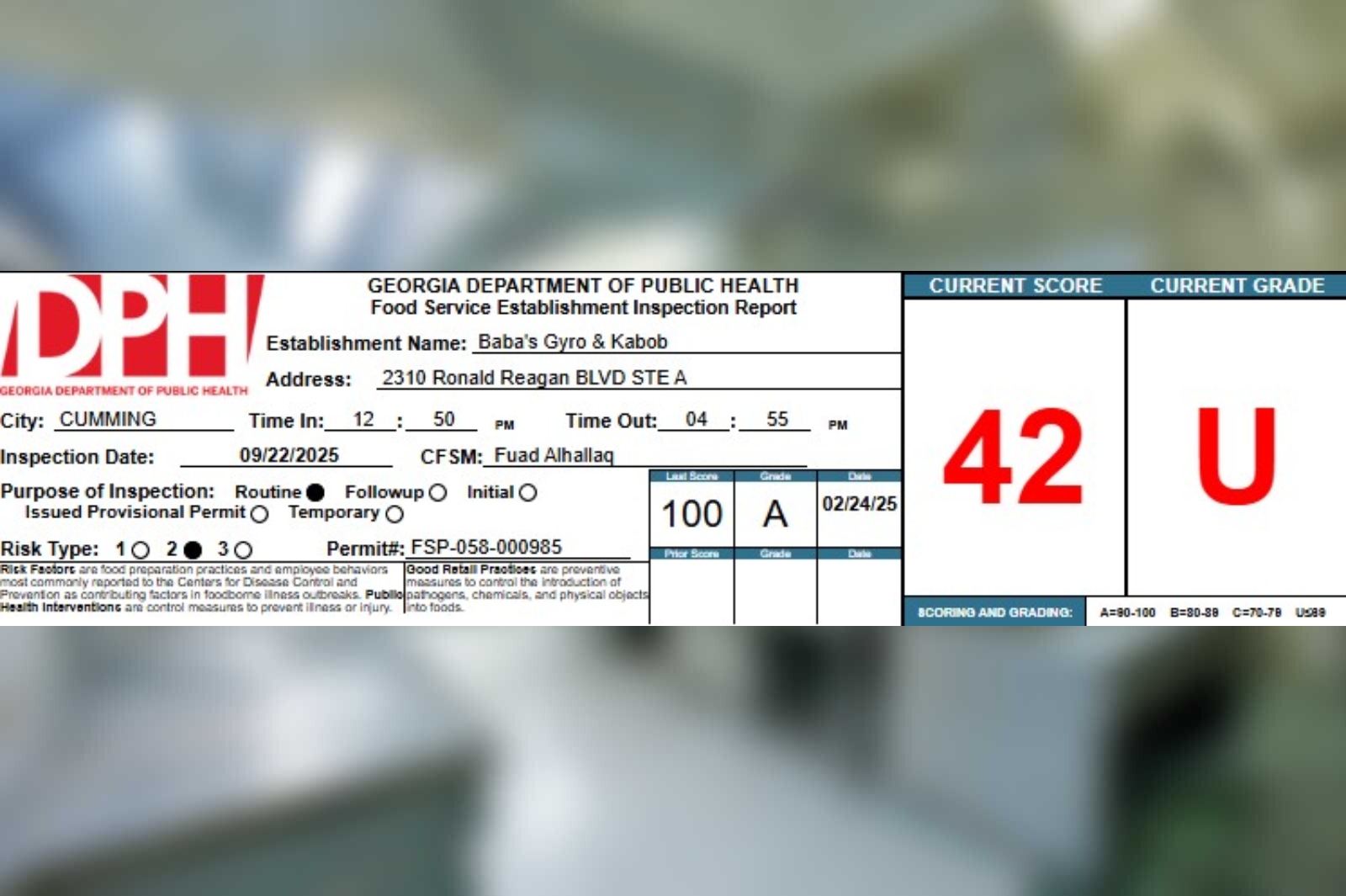 Baba’s Gyro & Kabob in Cumming receives a 42% on their recent health ...