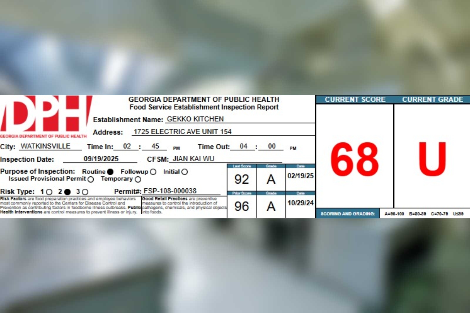 Gekko Kitchen in Watkinsville receives a 68% on their recent health ...